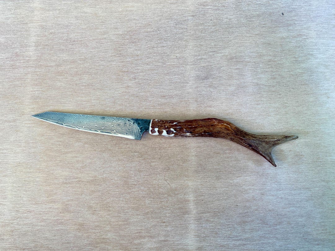 Damascus Steel Knife With Red Deer Antler Handle - Etsy