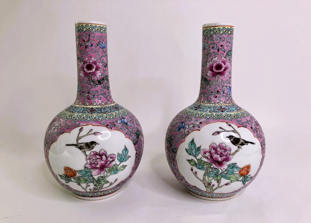 Chinese Porcelain Bulb Vases, Mirrored Pair, Famille Rose, Birds and ...