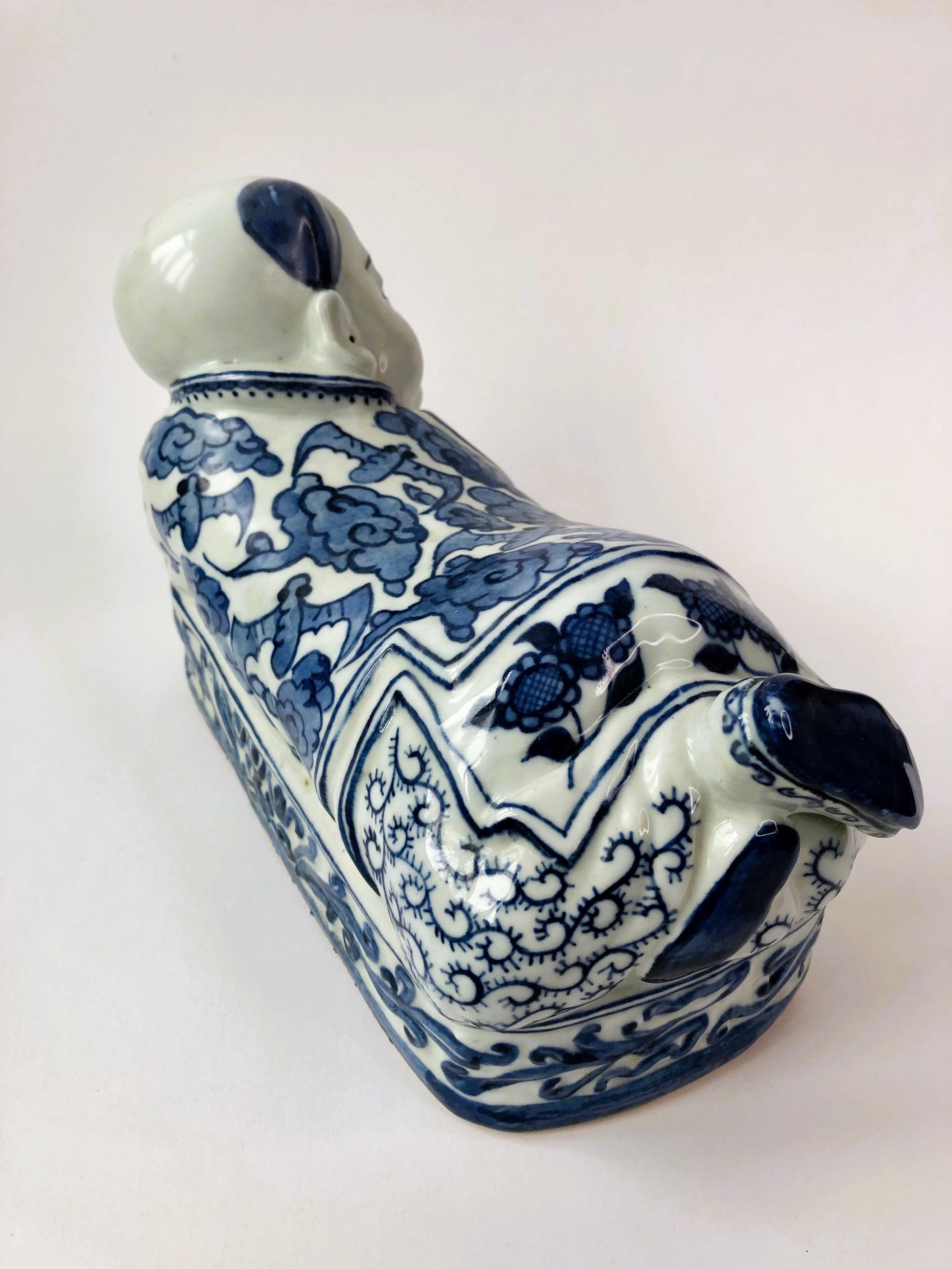 Chinese Porcelain, Opium Pillow Boy Figurine, Blue-white, Bats, Flowers ...