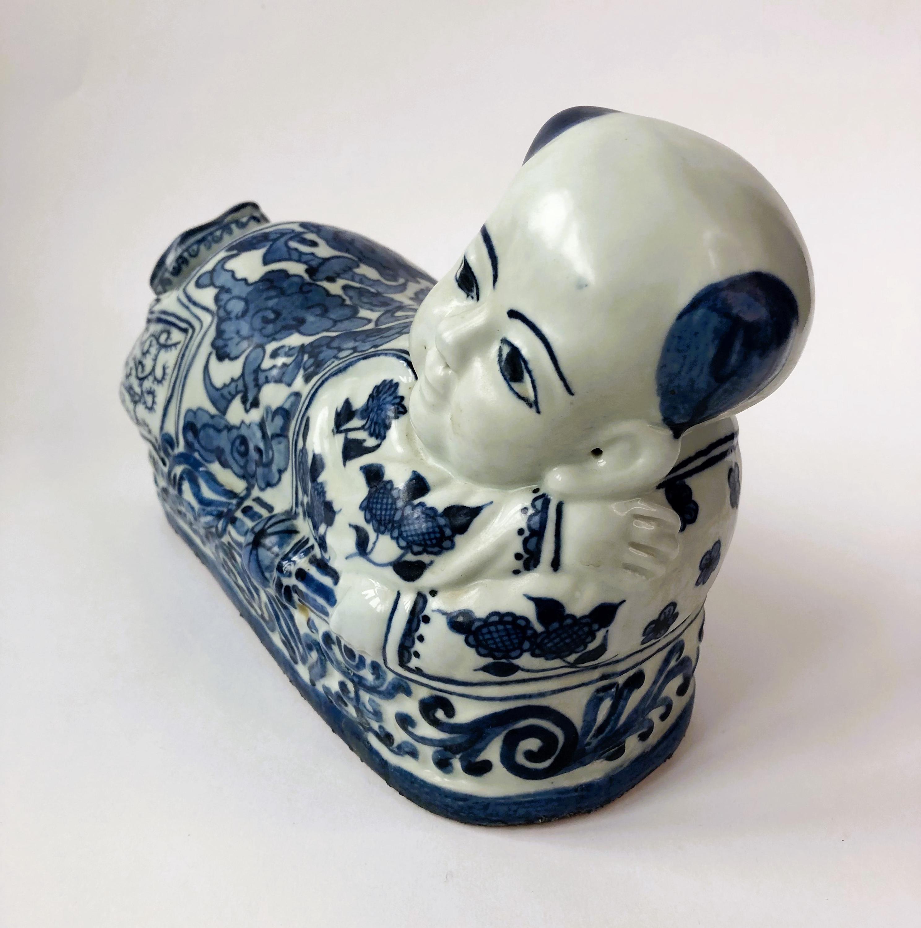 Chinese Porcelain, Opium Pillow Boy Figurine, Blue-white, Bats, Flowers ...