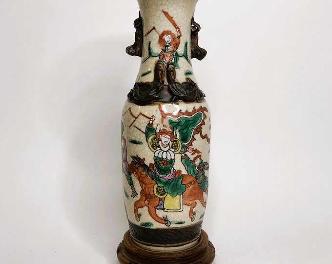 Antique Chinese Nanking Vase, Warrior Motif, Dark Brown Borders and ...