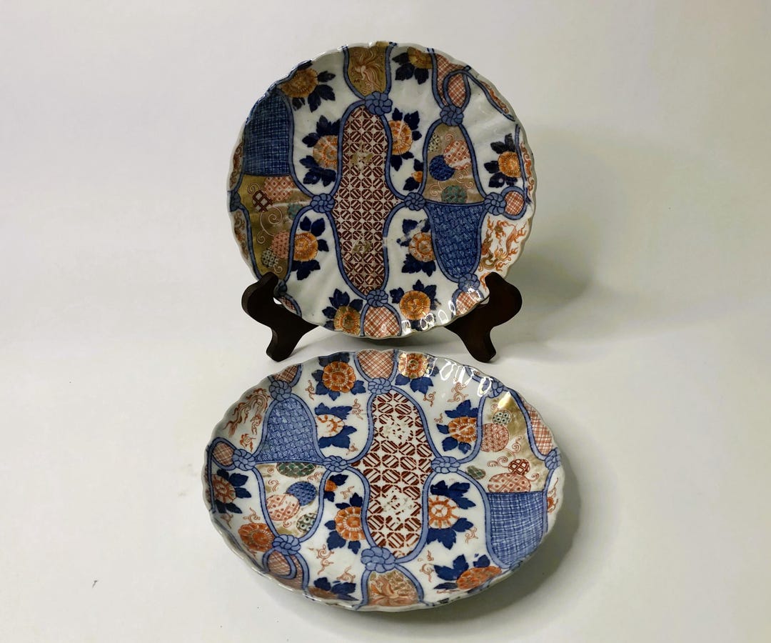 Pair of Antique Japanese Imari Plates, Flowers, Rope, Phoenix, Dragon ...