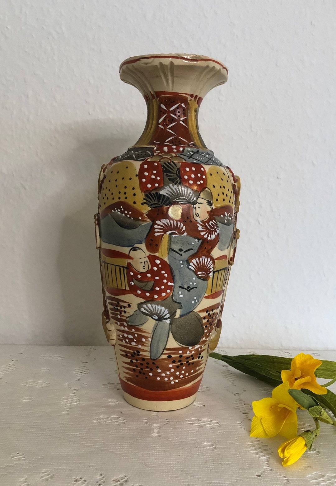 Large Antique Satsuma Vase, Earthenware, Man and Boy, Knots, Enamels ...