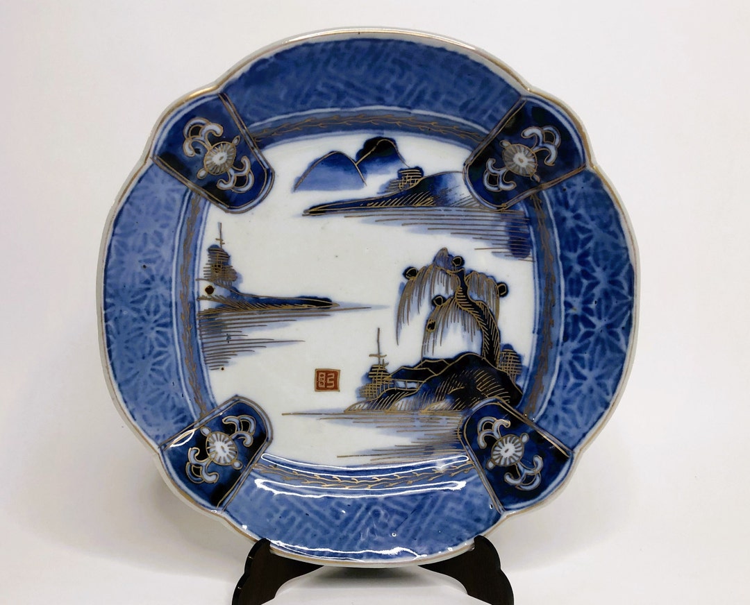 Antique Japanese Arita Porcelain Plate, Landscape Decoration, Gold ...