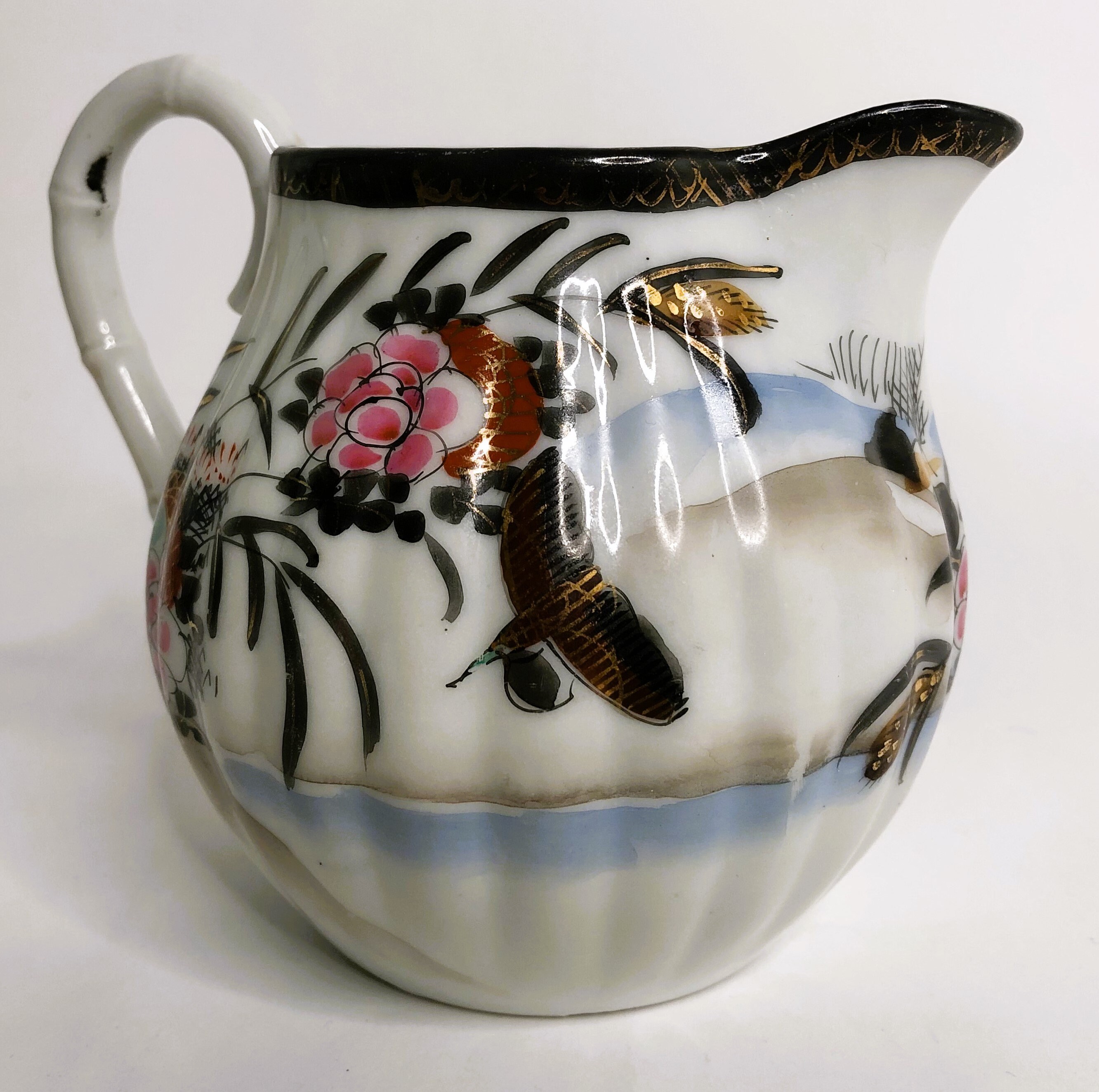 Antique Japanese Kutani Porcelain Pitcher, Fluted, Hand-painted, Cotton ...