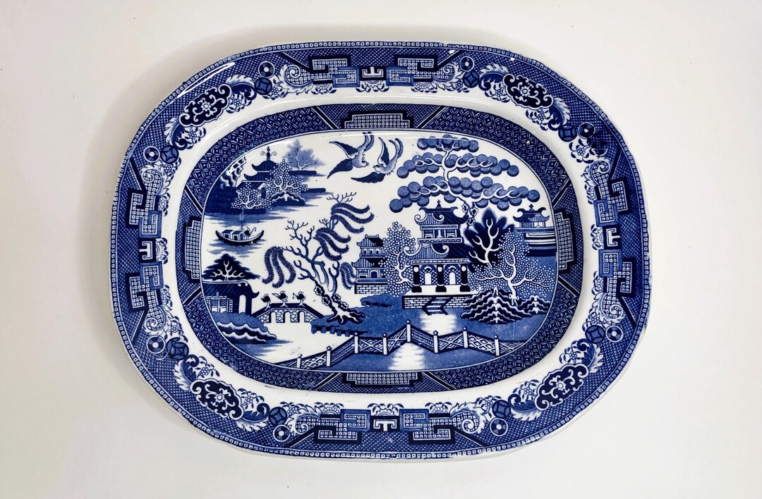 Antique English Stoneware Platter, Blue Willow, Chinoiserie, 'JH ...