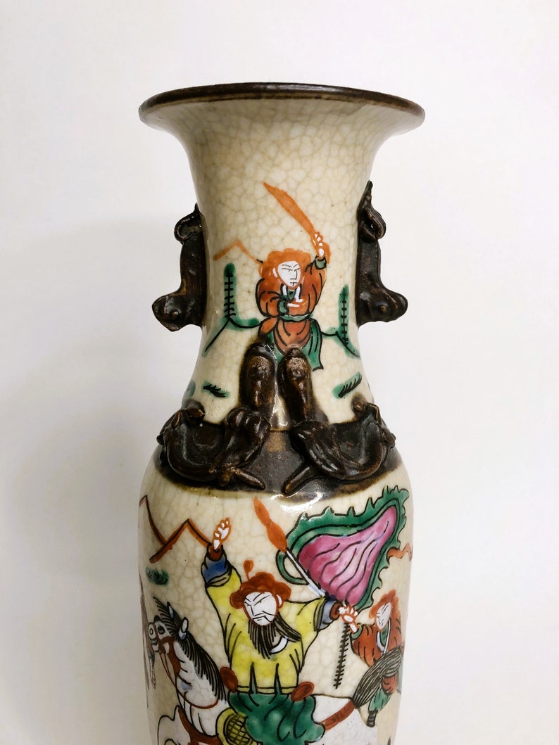 Antique Chinese Nanking Vase, Warrior Motif, Dark Brown Borders and ...