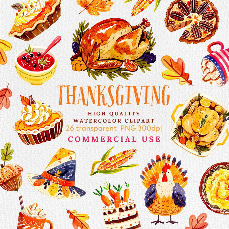 Watercolor Thanksgiving Clipart, Thanksgiving Items Download, Instant ...