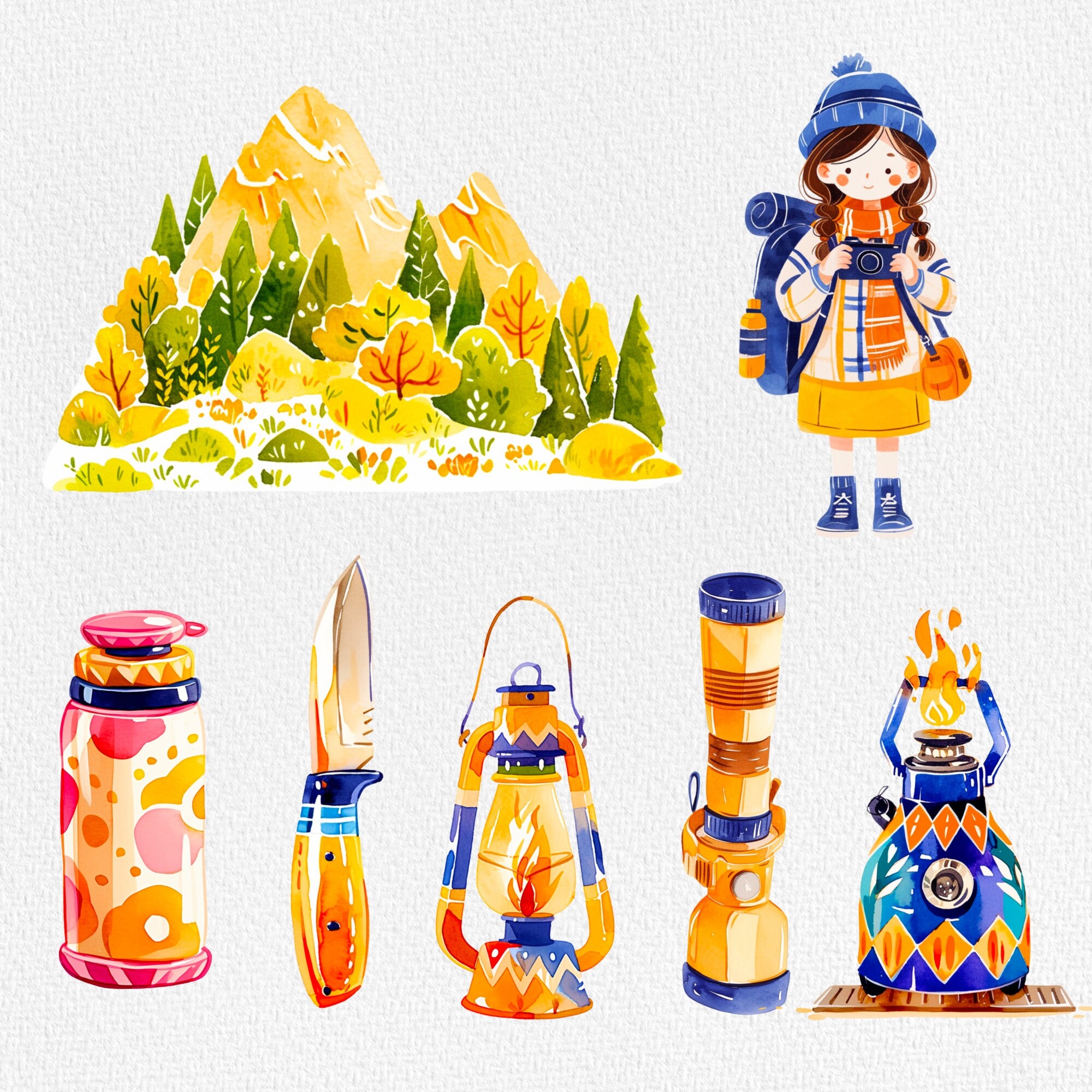 Watercolor Camping Clipart Bundle, Forest Adventure Clipart, Campsite ...