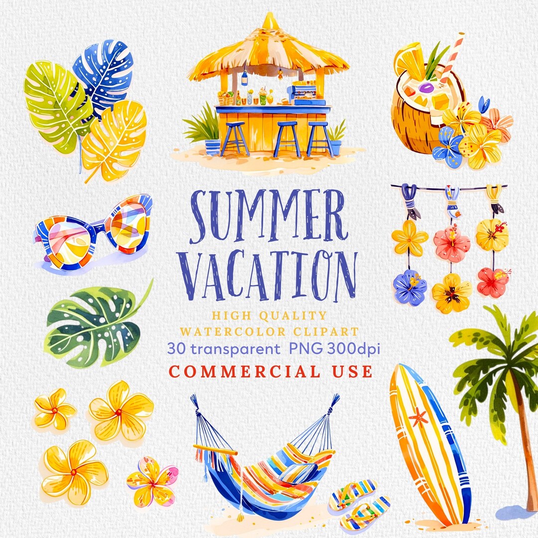 Summer Clipart, Watercolor Travel Clipart, Summer Vacation Clipart ...