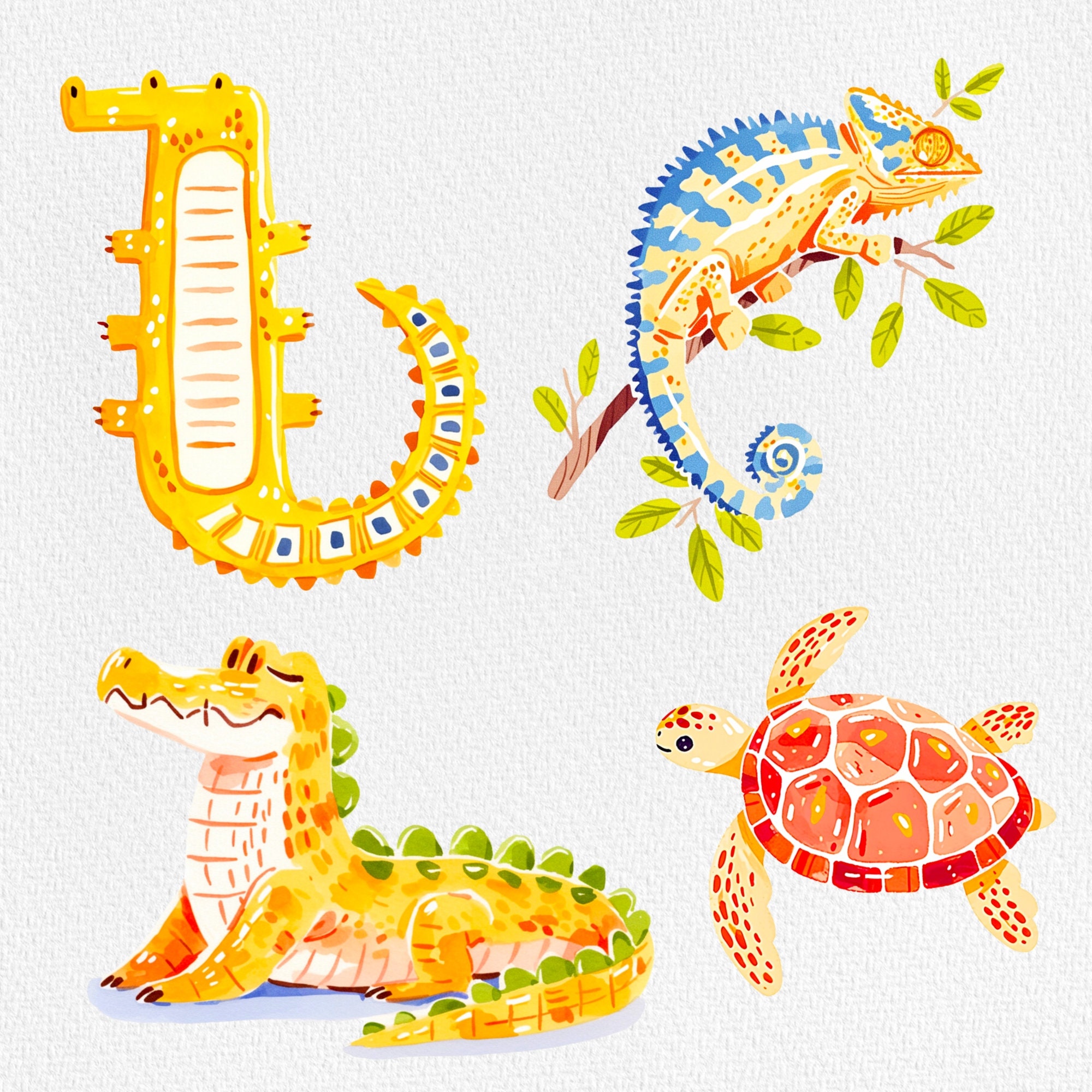 Watercolor Reptiles Clipart, Chameleon, Lizard, Snake, Turtle, Tortoise ...