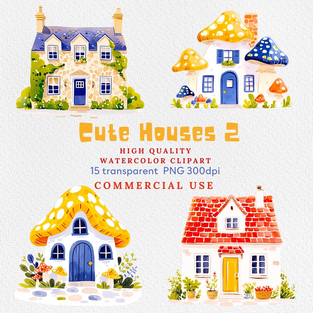 Cute Houses Clipart, Watercolor Building Illustration, Sweet Home Town ...