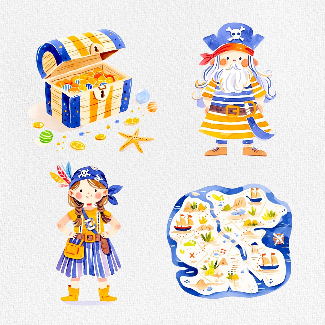 Watercolor Pirates Clipart, Pirate Ship, Treasure Chest, Pirate Party ...