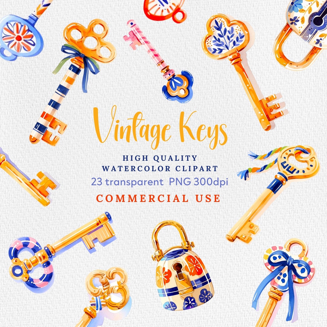 Watercolor Vintage Keys Clipart, Vintage Keys PNG, Watercolor Key, Hand ...