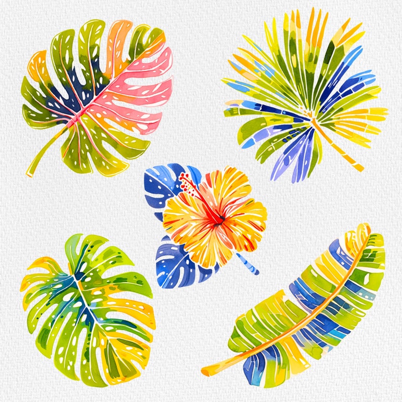 Tropical Leaves Clipart, Watercolor Tropical Leaves and Flowers, Palm ...