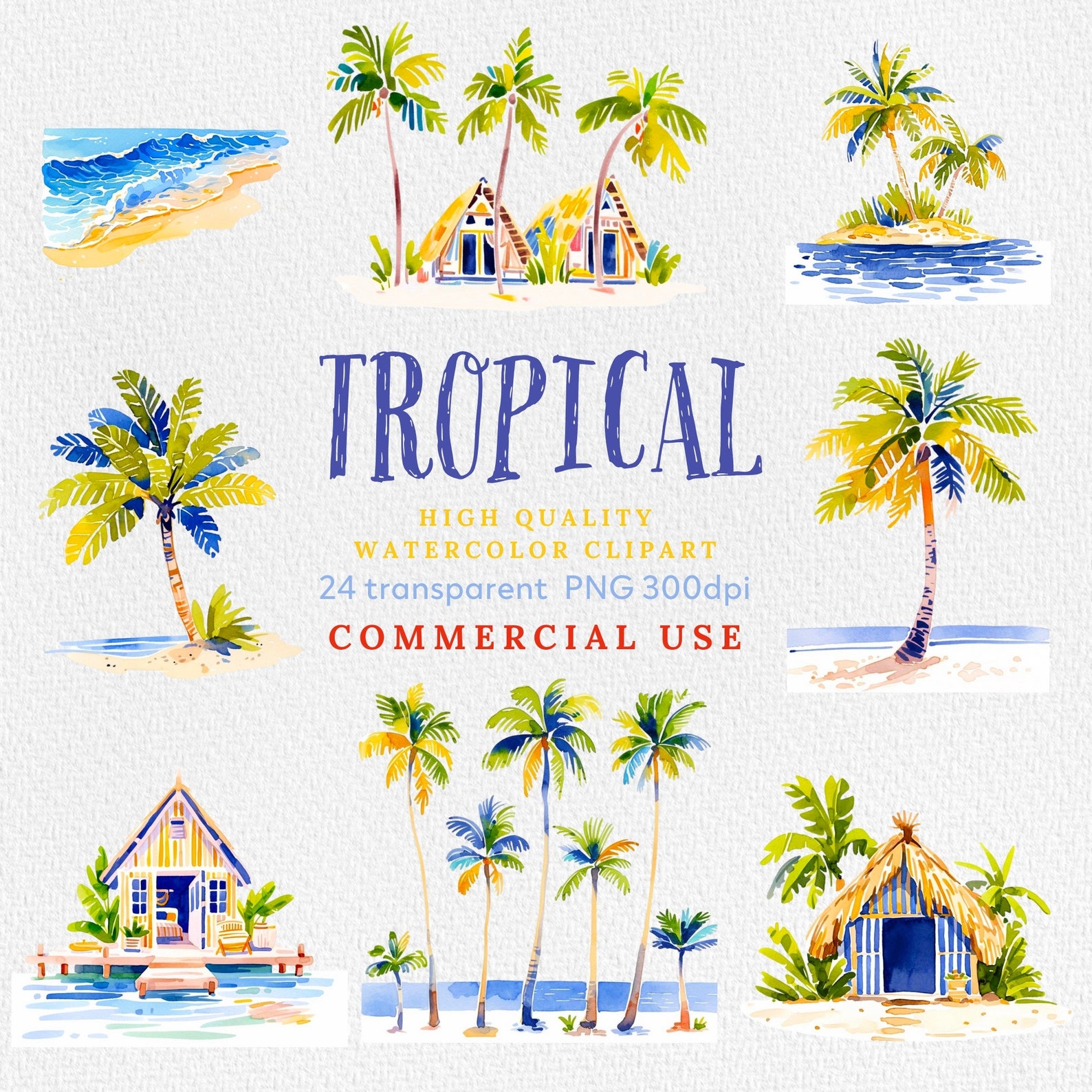 Watercolor Palm Tree Clipart: Tropical PNG Graphics (commercial Use) - Etsy