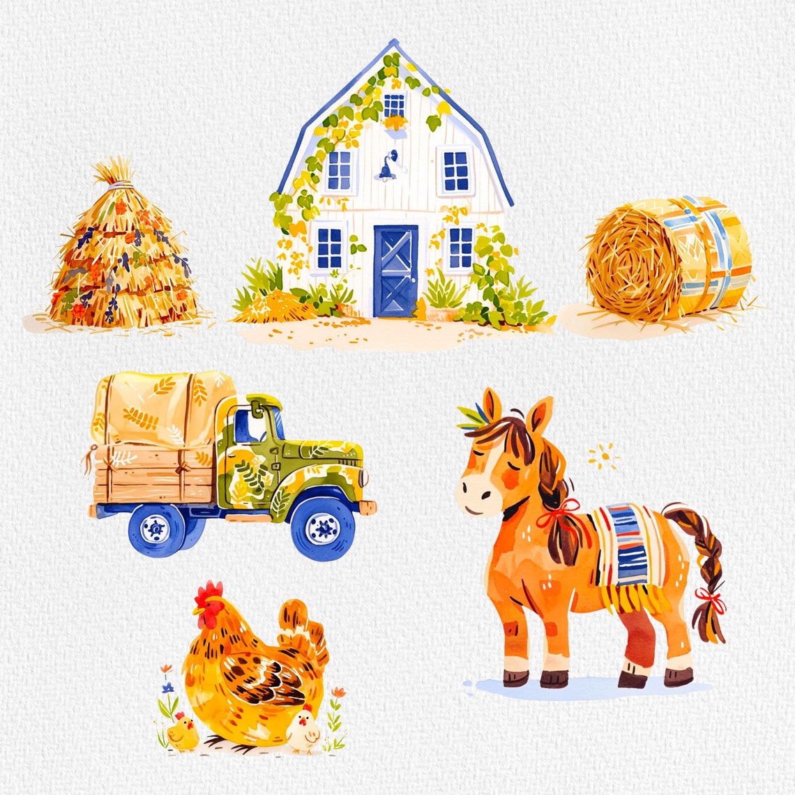 Cute Farm Clipart, Farm Animals Watercolor Digital Clipart, Farm ...