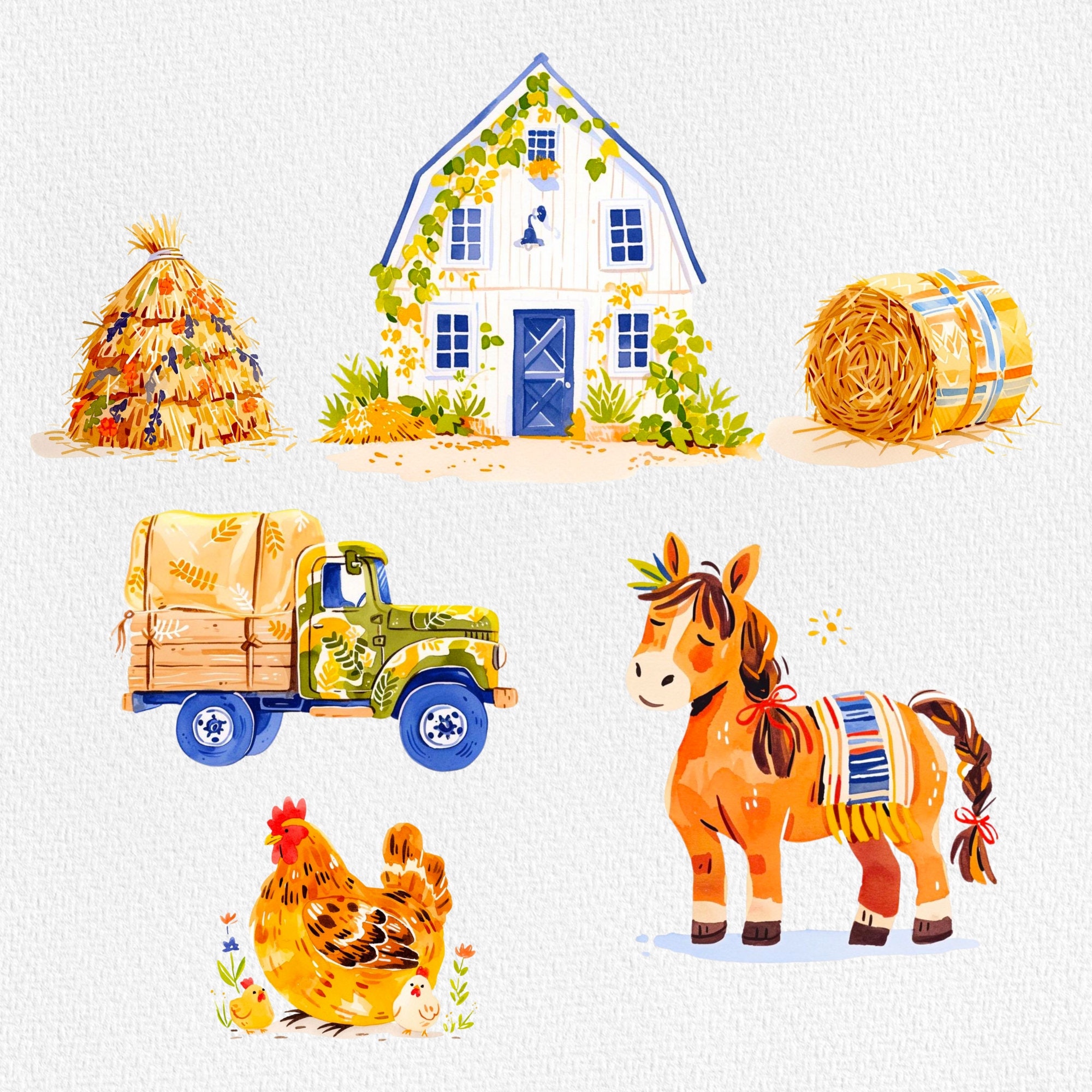 Cute Farm Clipart, Farm Animals Watercolor Digital Clipart, Farm ...