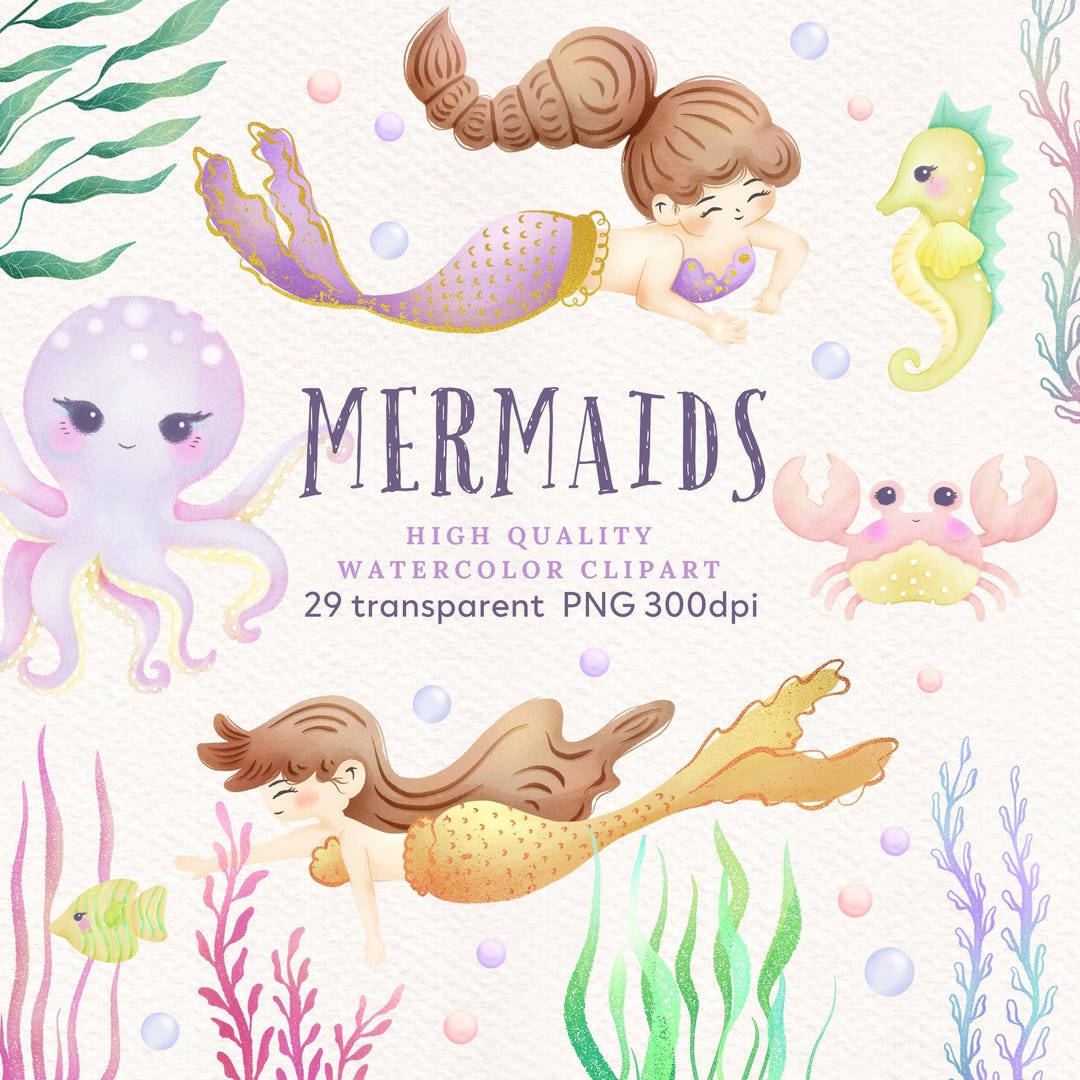 Watercolor Mermaid Clipart, Cute Mermaids, Mermaid Fashion, Printable ...
