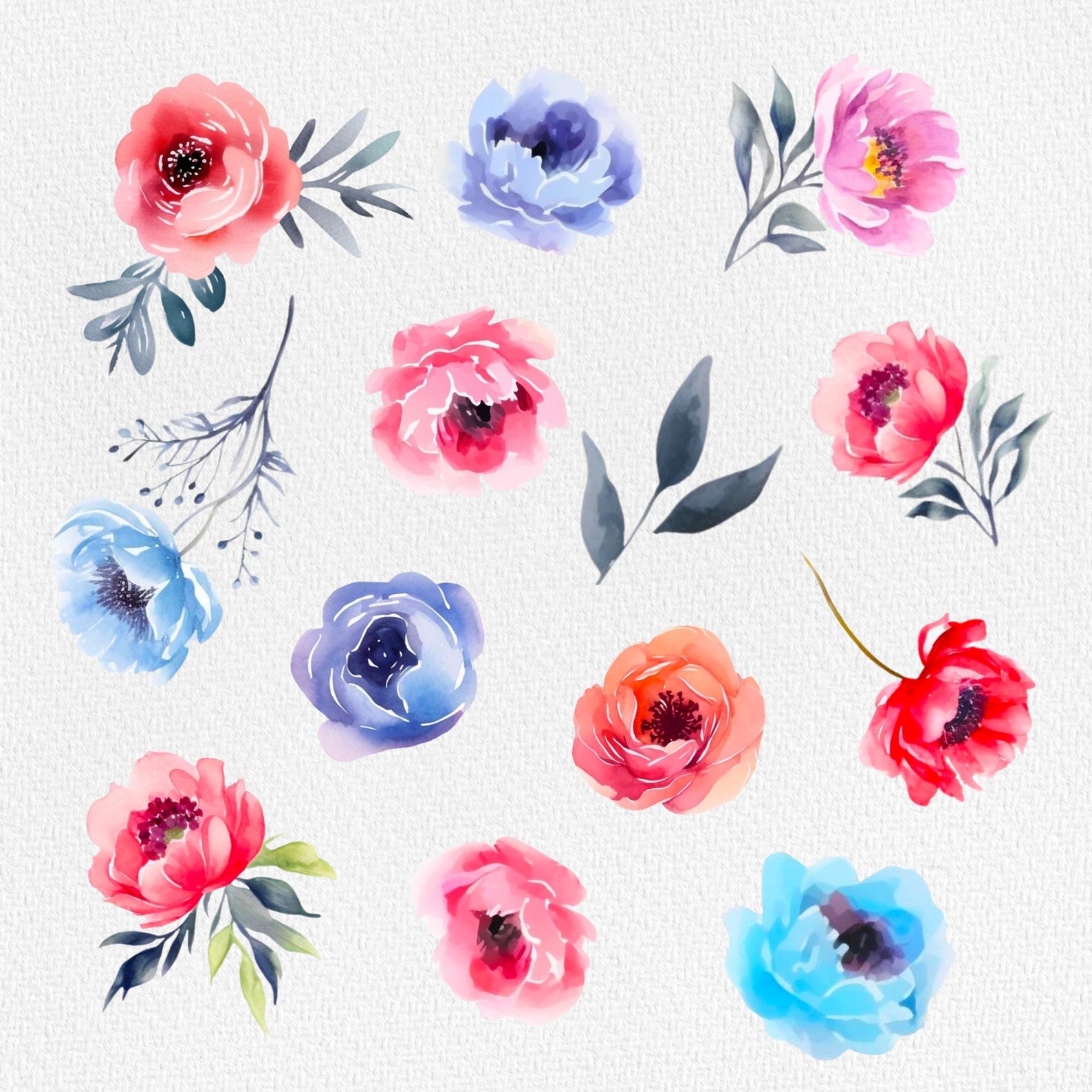 Pink Watercolor Flowers, Digital Clipart, Pink and Blue Watercolor ...