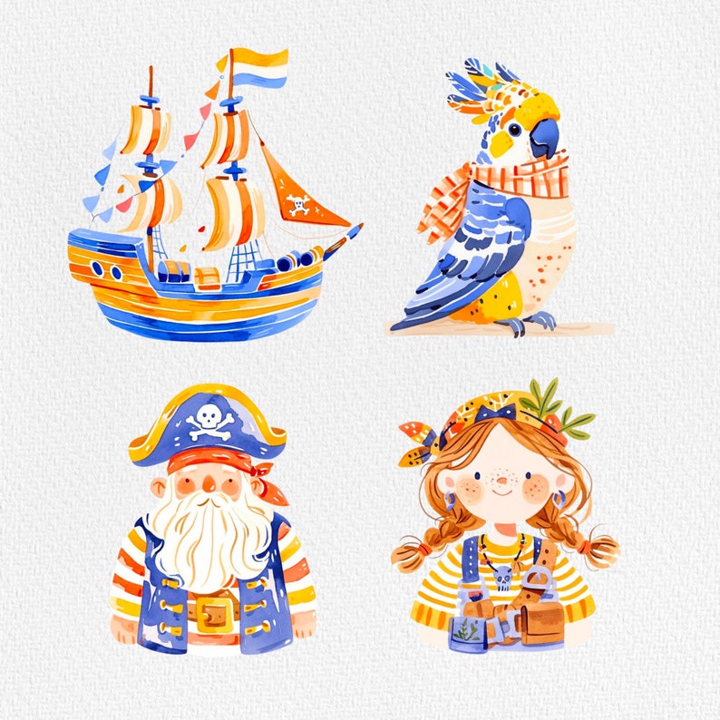 Watercolor Pirates Clipart, Pirate Ship, Treasure Chest, Pirate Party ...