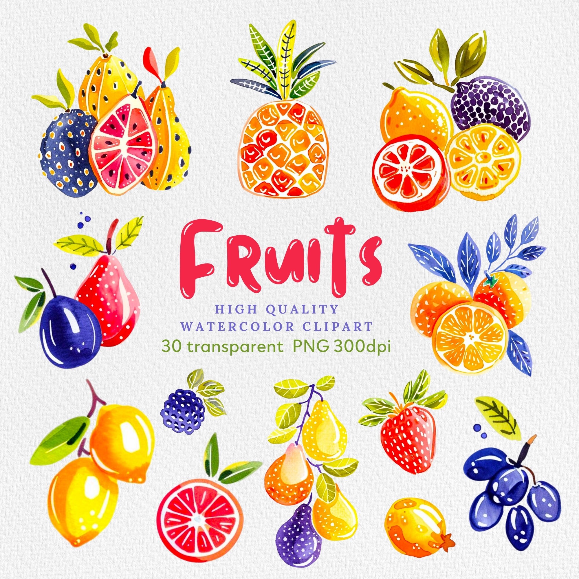 Watercolor Fruits Clipart, Cute Fruits Clipart, Summer Fruits Clipart ...
