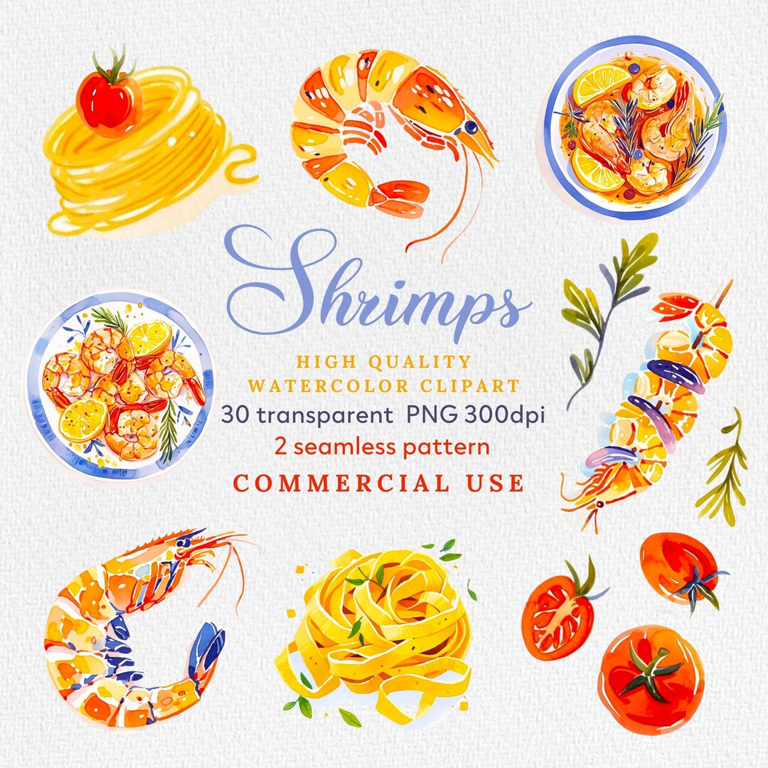 Watercolor Shrimp Clipart, Wild Shrimp, Cooked Shrimp PNG, Seafood ...