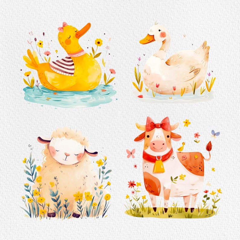 Cute Farm Clipart, Farm Animals Watercolor Digital Clipart, Farm ...