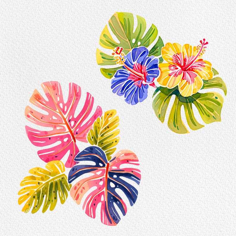 Tropical Leaves Clipart, Watercolor Tropical Leaves and Flowers, Palm ...
