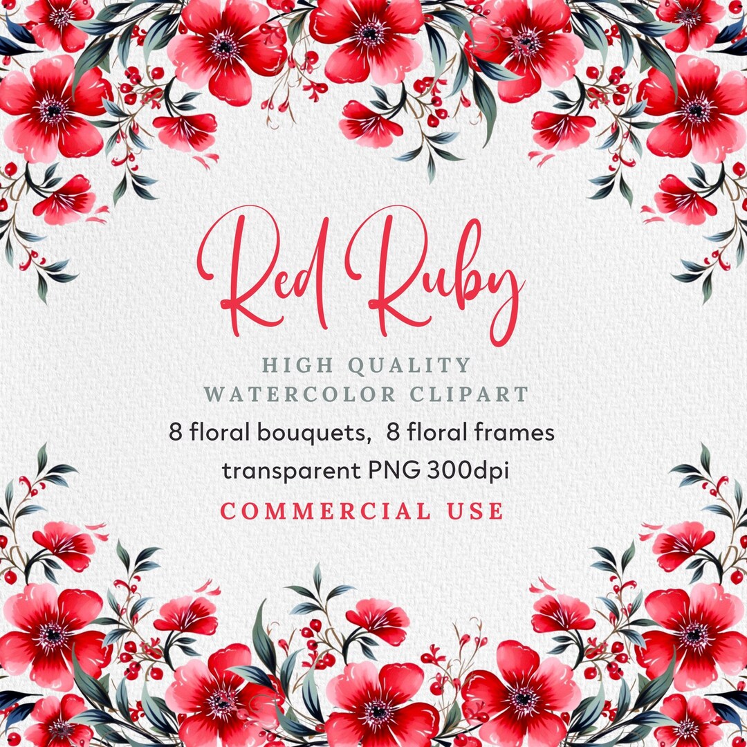 Watercolor Red Flowers PNG: Floral Clipart, Bouquets & Frames (digital ...