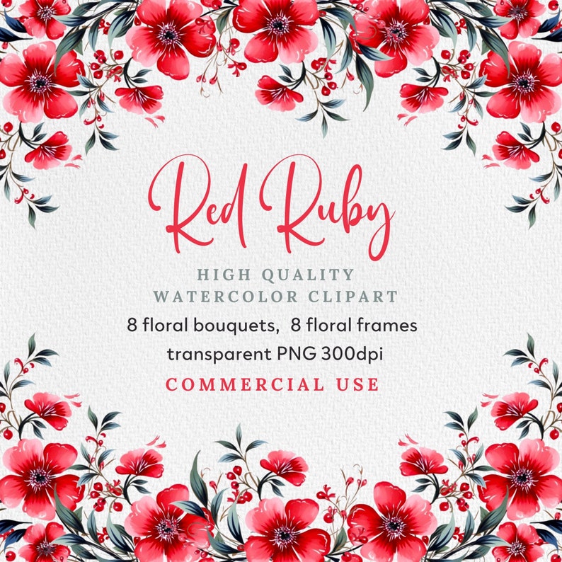 Watercolor Red Flowers PNG: Floral Clipart, Bouquets & Frames (digital ...