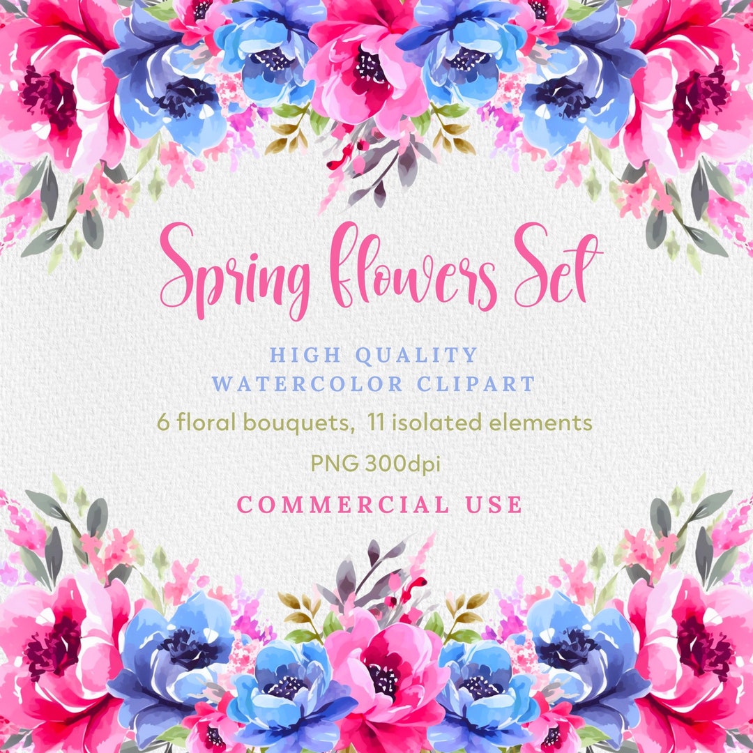 Watercolor Floral Clipart: Pink & Blue Flowers, Spring Wedding (PNG) - Etsy