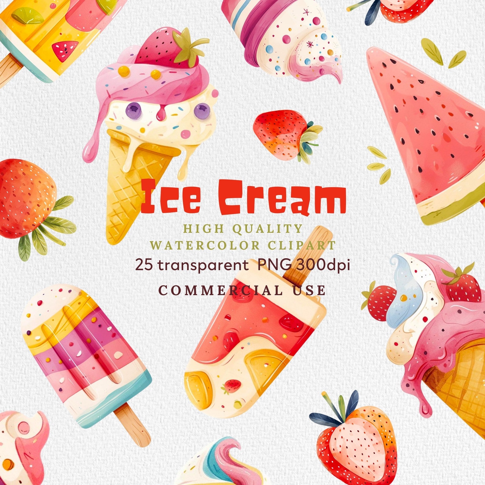 Watercolor Ice Cream PNG, Ice Cream Clipart, Sweet Treat Graphics, Cone ...