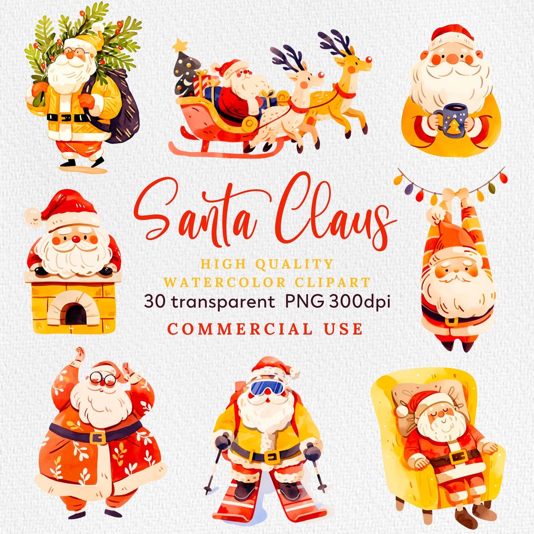 Watercolor Santa Clipart: Vintage Christmas Graphics (PNG) - Etsy