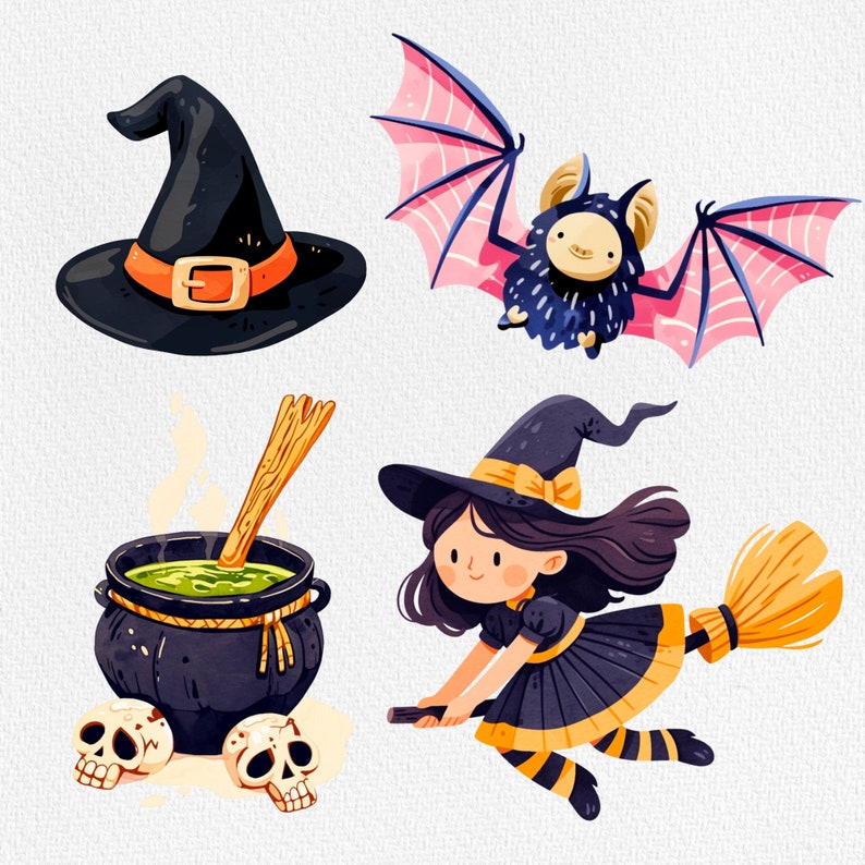 Watercolor Witches Clipart, Cute Witches Clipart, Halloween Witches PNG ...