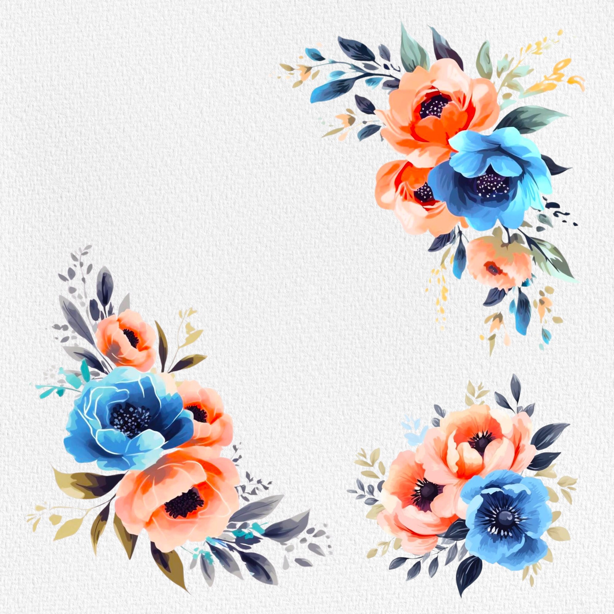 Watercolor Orange Flowers Set PNG, Navy Blue and Orange Flowers Clipart ...
