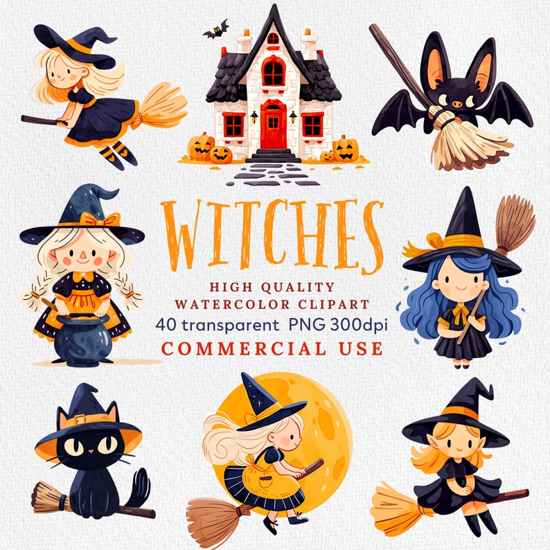 Watercolor Witches Clipart, Cute Witches Clipart, Halloween Witches PNG ...