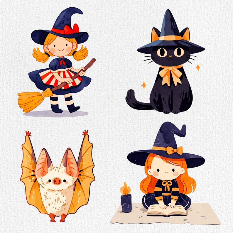 Watercolor Witches Clipart, Cute Witches Clipart, Halloween Witches PNG ...
