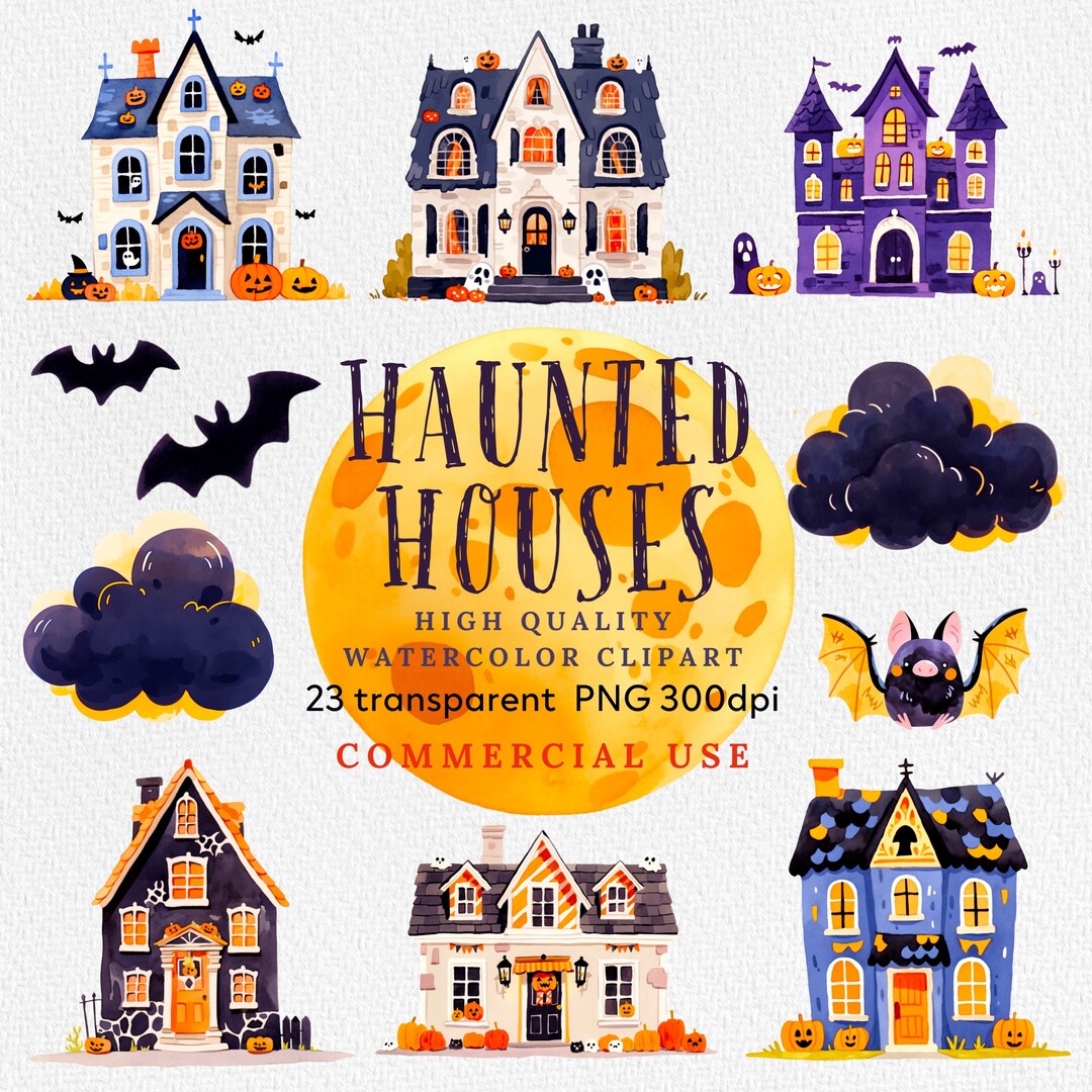 Watercolor Halloween Haunted House Clipart: Spooky PNG Images ...