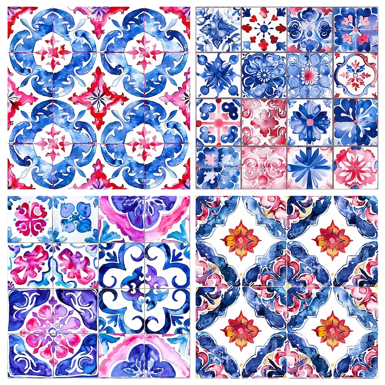 Mediterranean Tile Pattern, Watercolor Seamless Pattern, Portuguese ...