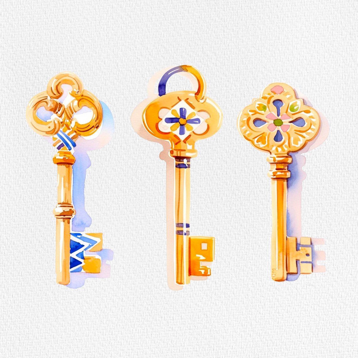 Watercolor Vintage Keys Clipart, Vintage Keys PNG, Watercolor Key, Hand ...