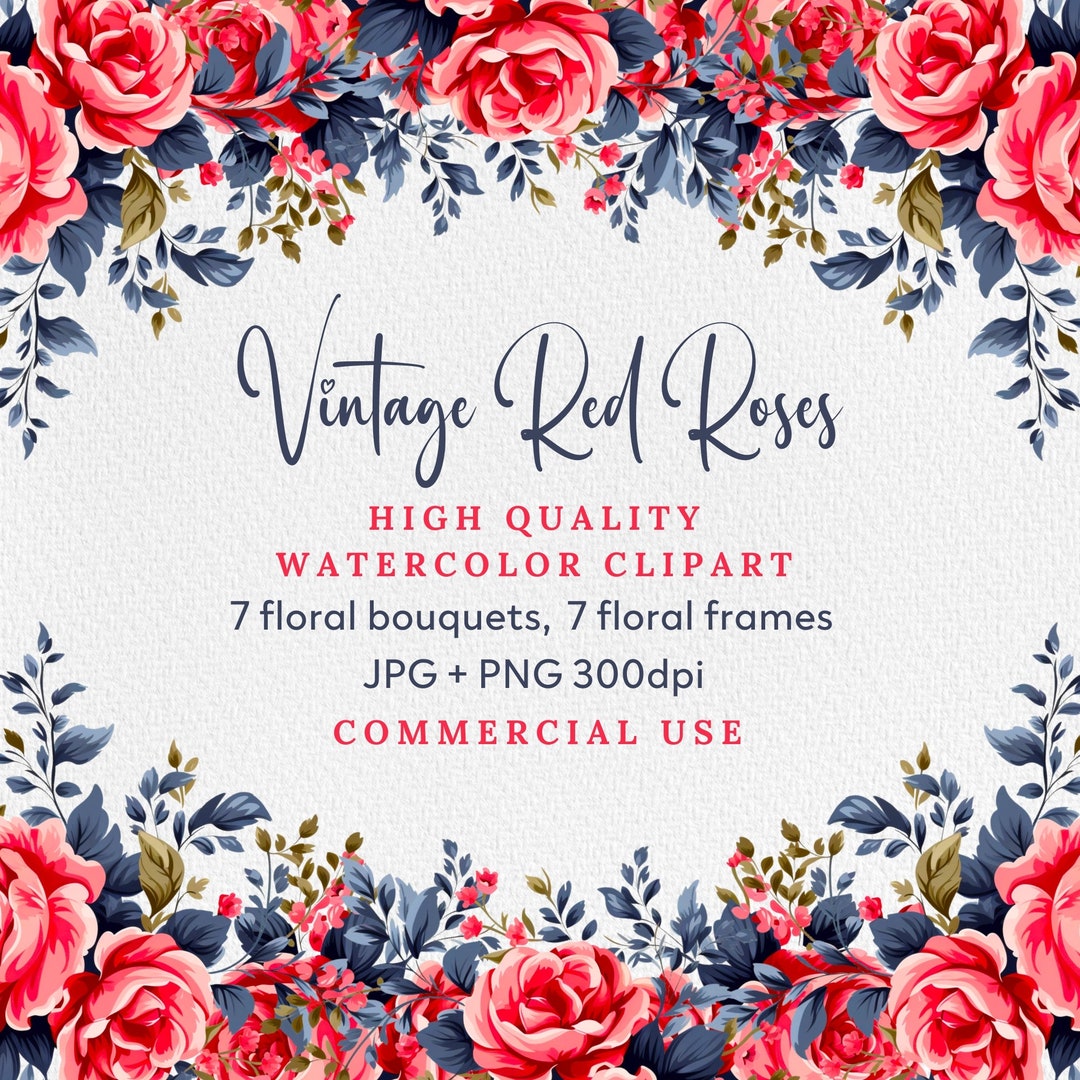 Watercolor Red Roses, Watercolor Floral Clipart, Vintage Red Roses ...