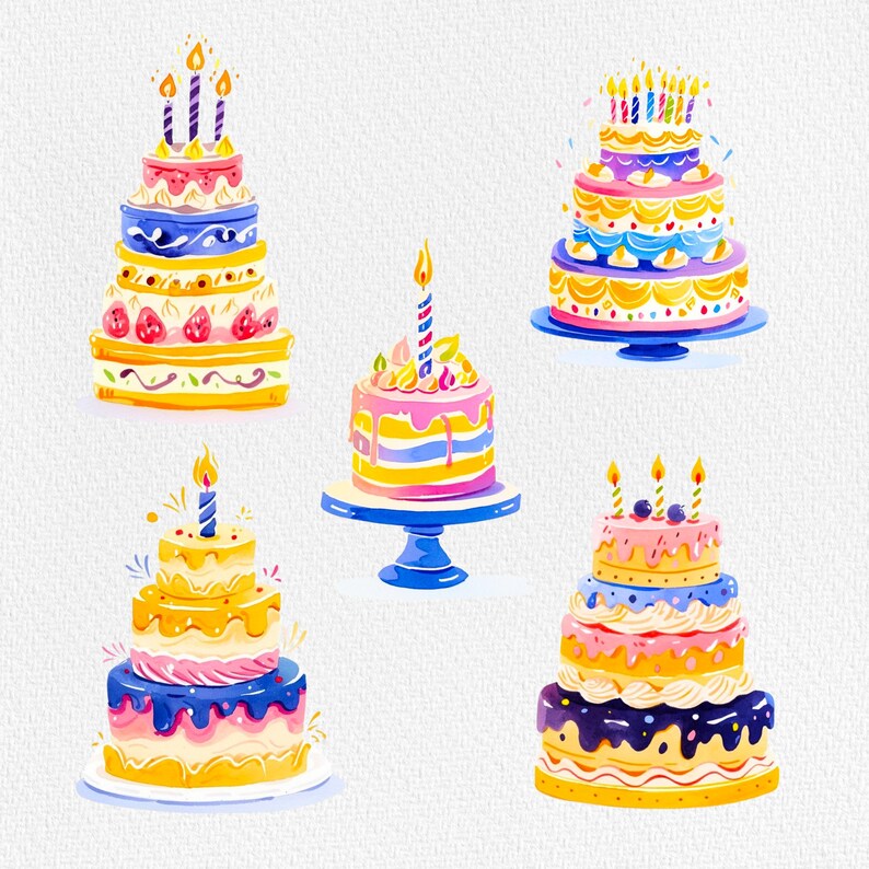 Watercolor Cake Clipart Bundle: Birthday & Wedding PNG (digital ...