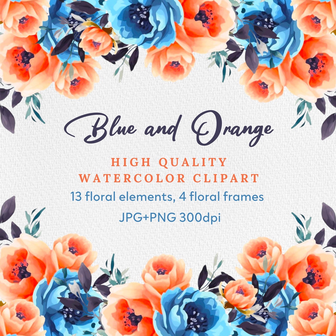Watercolor Orange Flowers Set PNG, Navy Blue and Orange Flowers Clipart ...