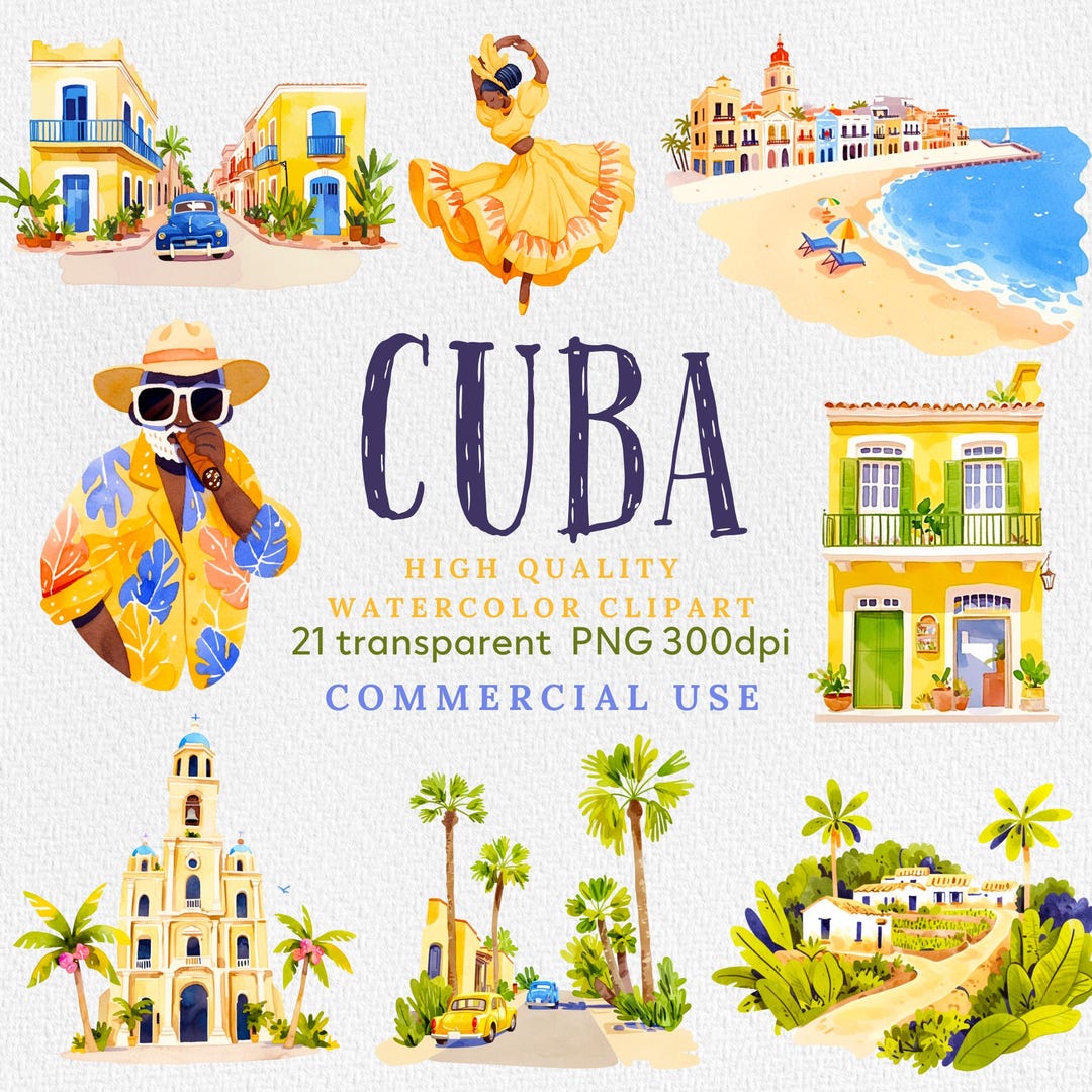 Watercolor Havana Cuba Clipart PNG Bundle, Tropical Clipart, Caribbean ...