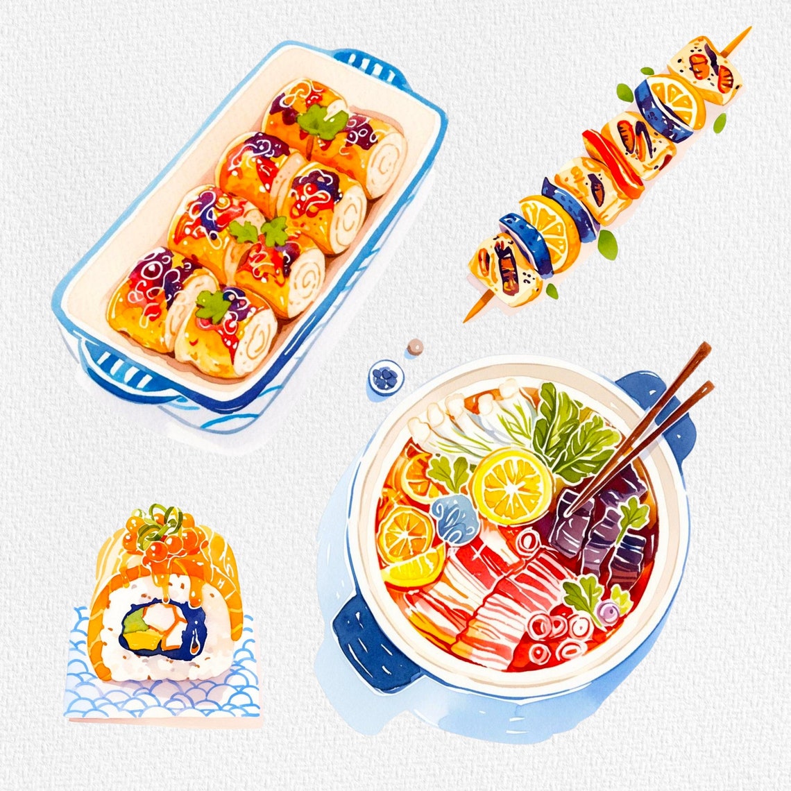 Watercolor Sushi Clipart, Asian Clipart, Fish Clipart, Japanese Clipart ...