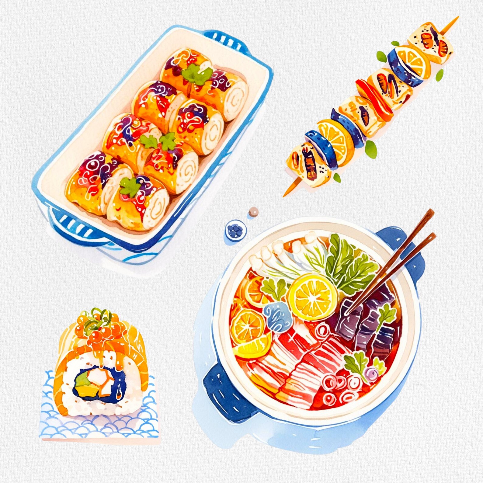 Watercolor Sushi Clipart, Asian Clipart, Fish Clipart, Japanese Clipart ...