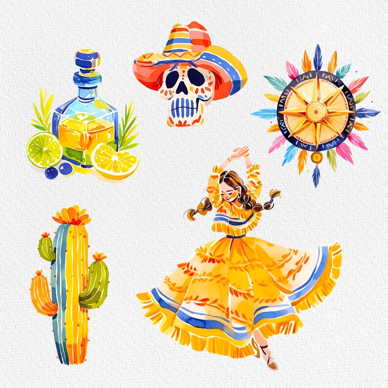 Mexico Watercolor Clipart Set: Landmarks, Travel (PNG, Commercial Use ...