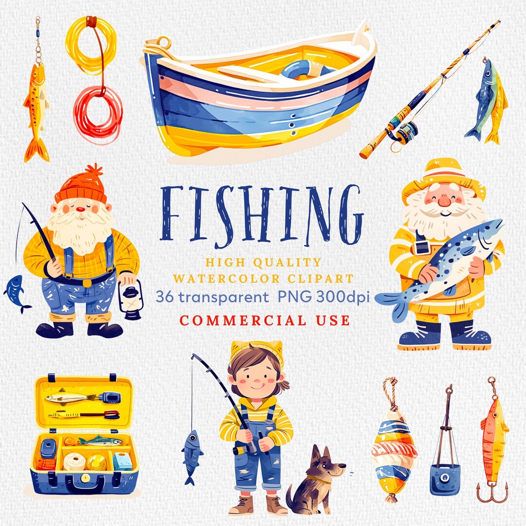 Watercolor Fishing Clipart, Watercolor Fishing Supplies, Fishing ...
