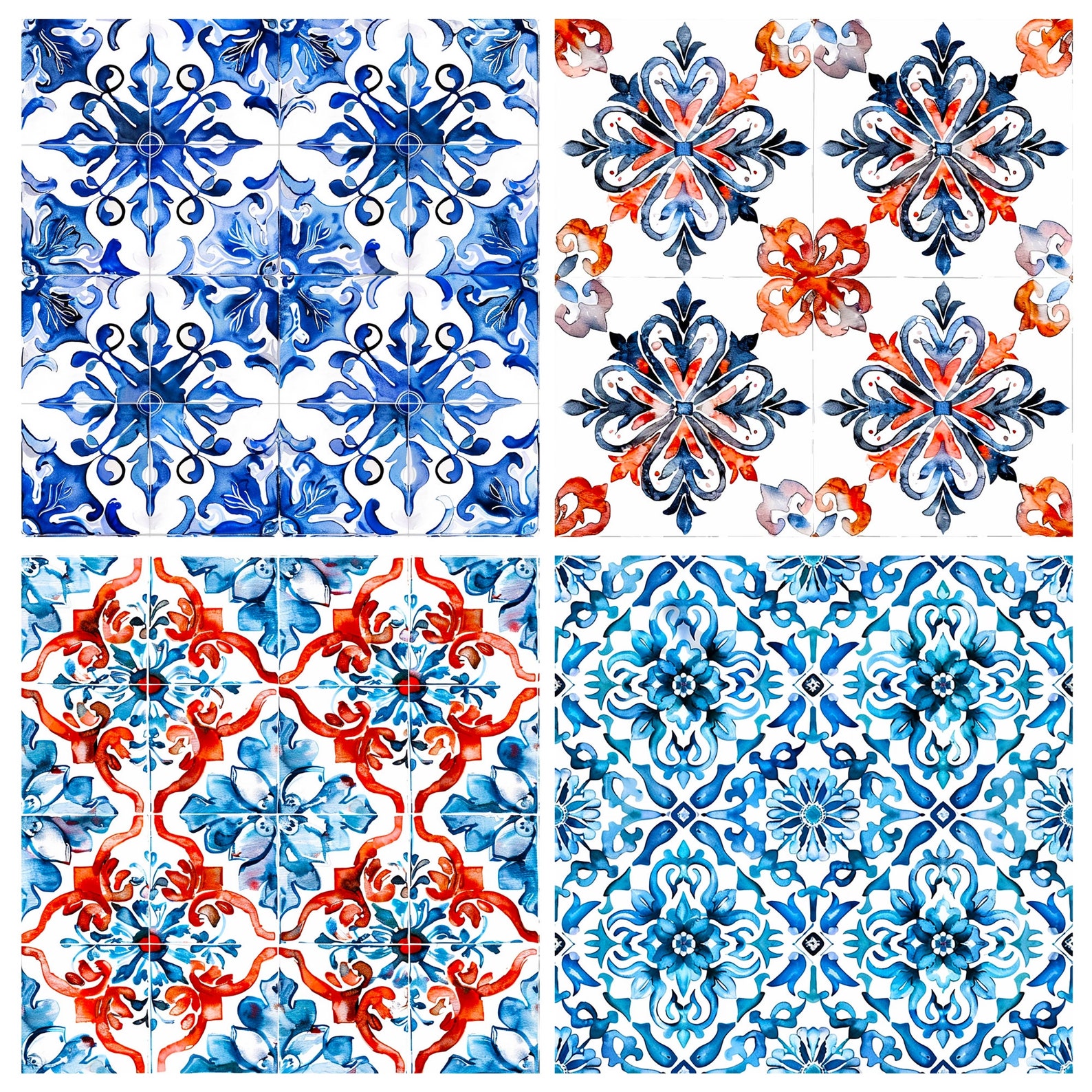 Mediterranean Tile Pattern, Watercolor Seamless Pattern, Portuguese ...